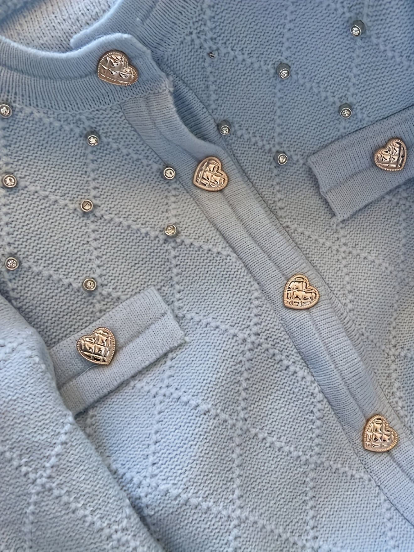 Light Blue Rhombus Pattern Cardigan with Pearl Embellishments – beautix